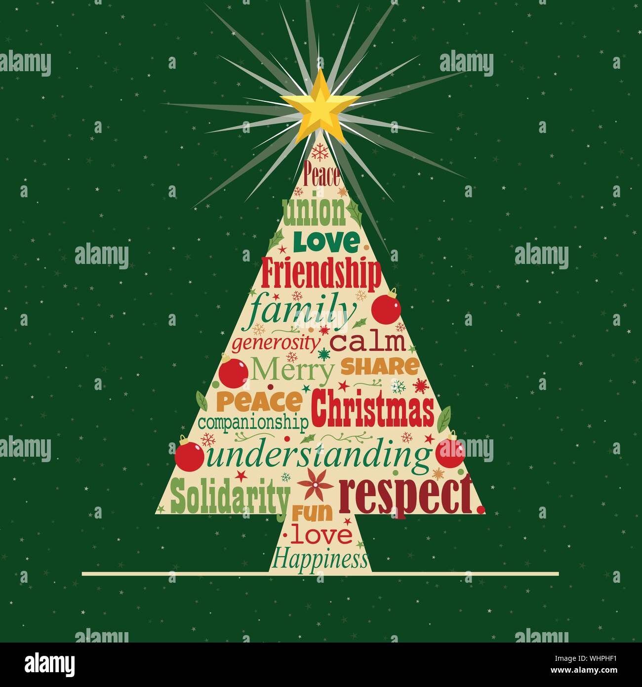 Greeting card with red and green words forming a Christmas tree with a ...