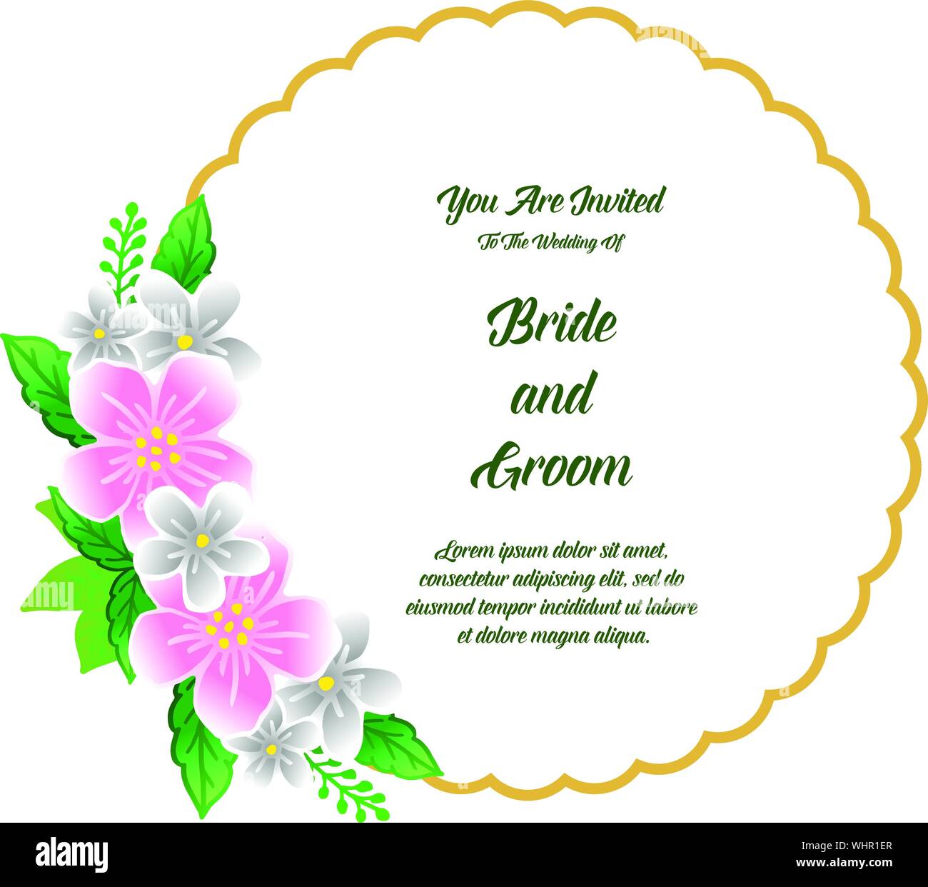 Bride and groom handwritten text, with beauty of colorful wreath frame ...