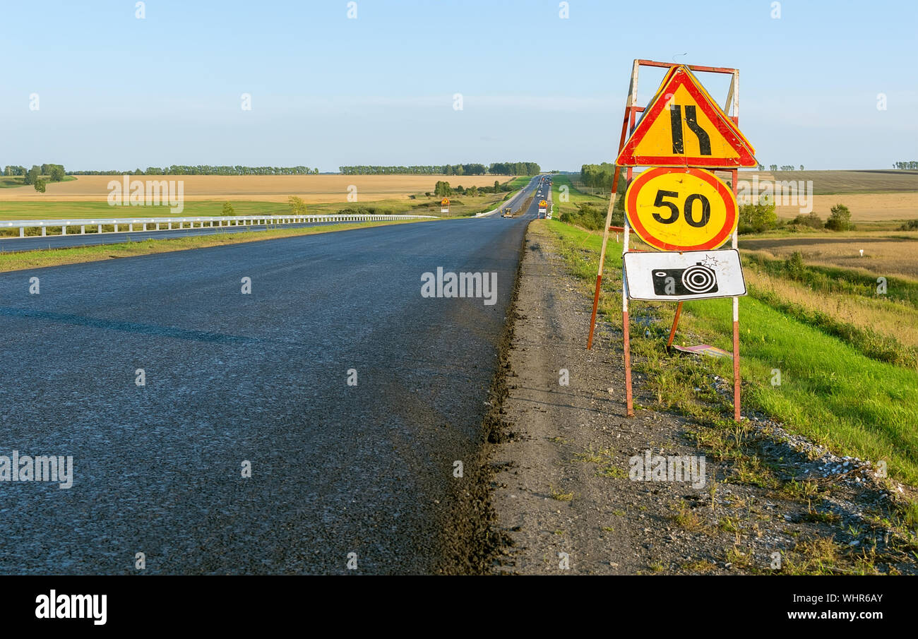 road sign road repair, speed limits and warnings about the camera ...