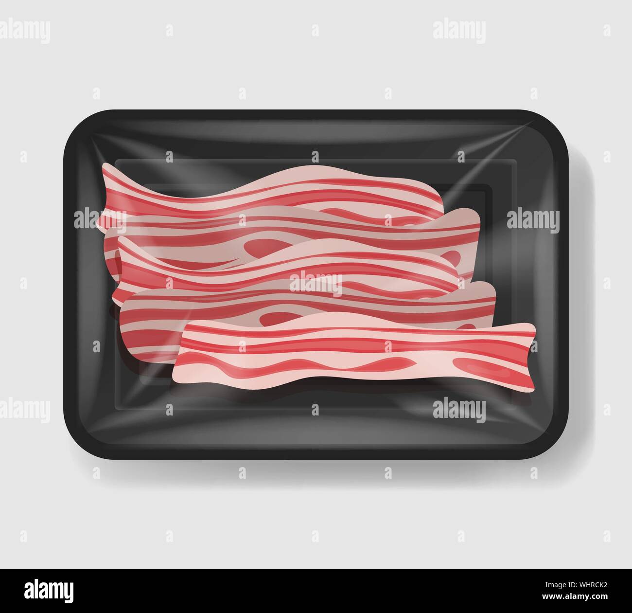 Bacon in plastic tray container with cellophane cover. Mockup template ...