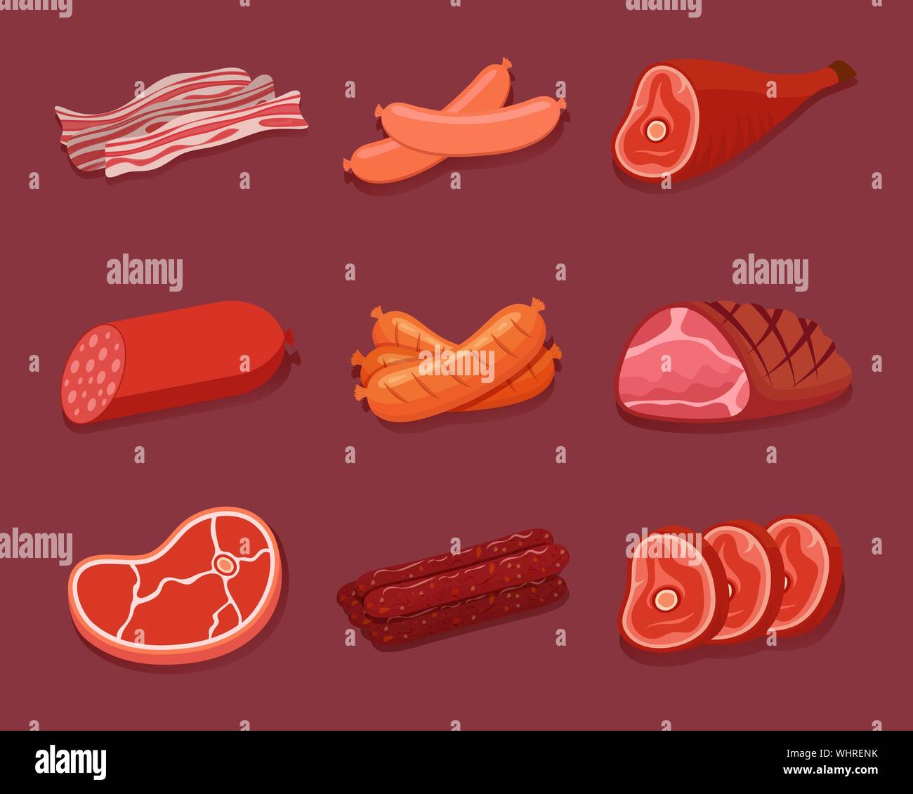 Meat icon set. Various meat products, sausages, bacon and steak. Vector ...