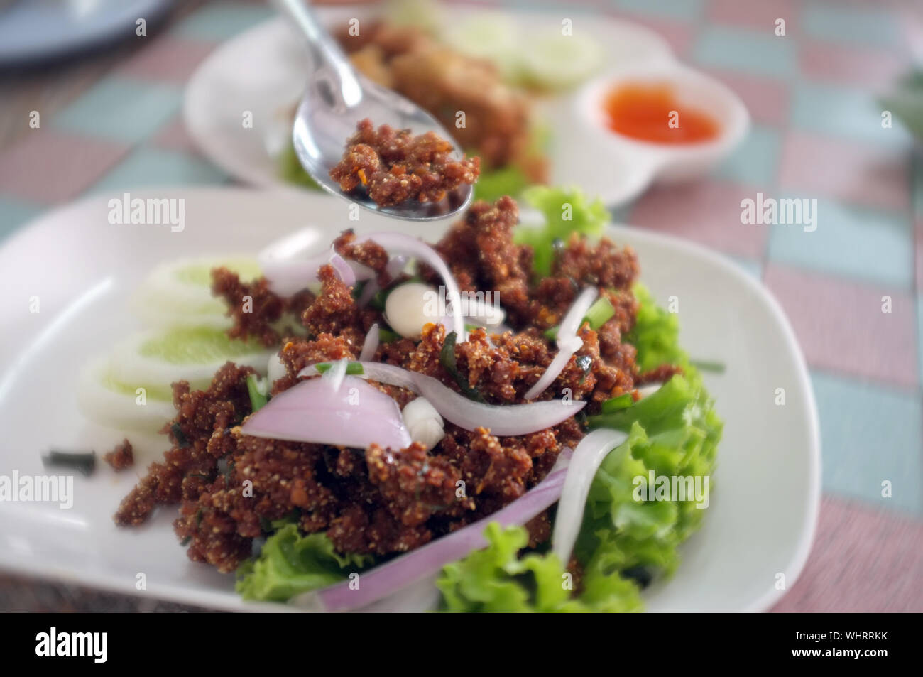 Thai name is Lab Moo Tod or Deep fried spicy minced pork with spicy ...