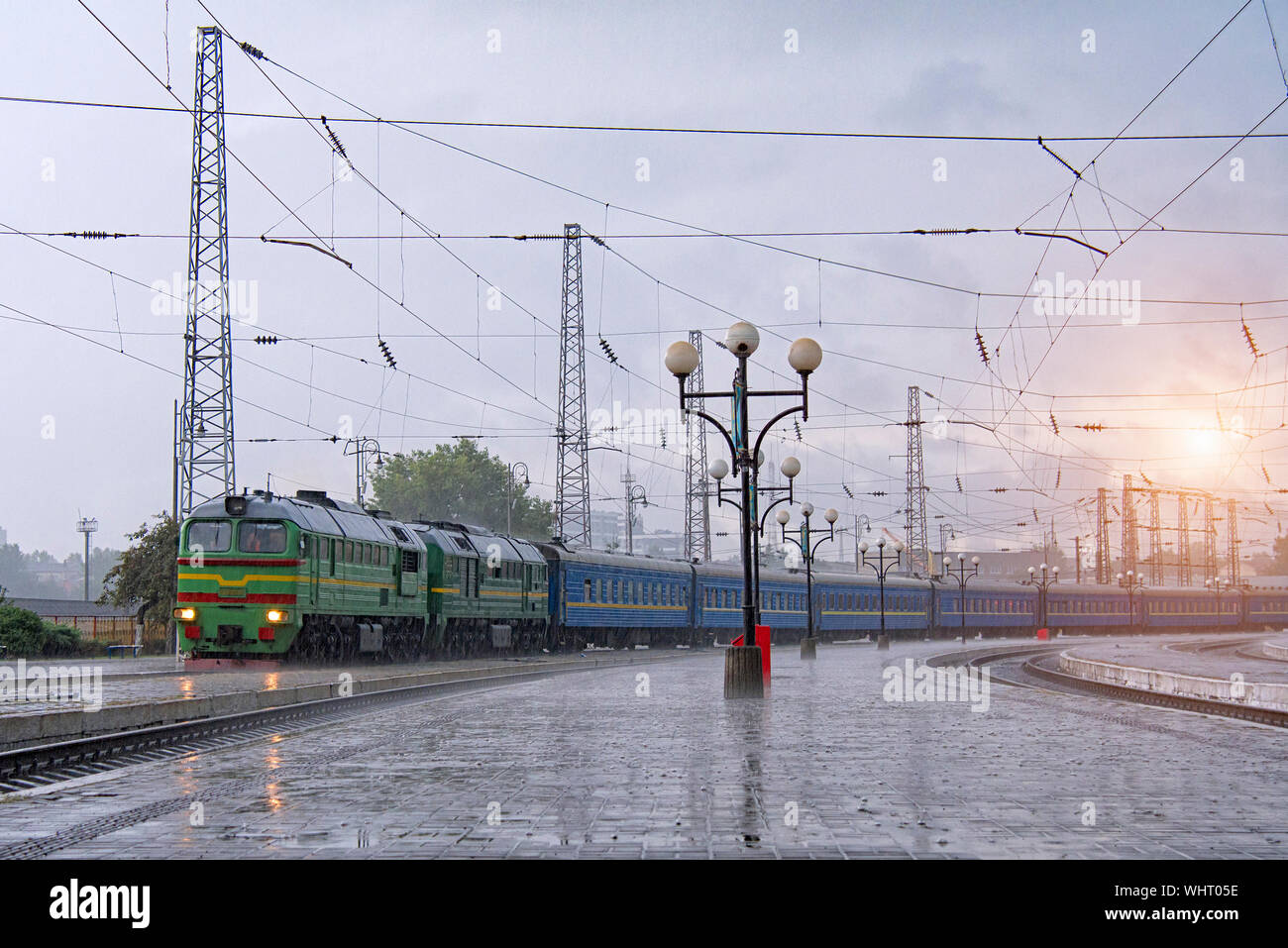 Ukrainian railways old passenger train staying at station. Lviv ...