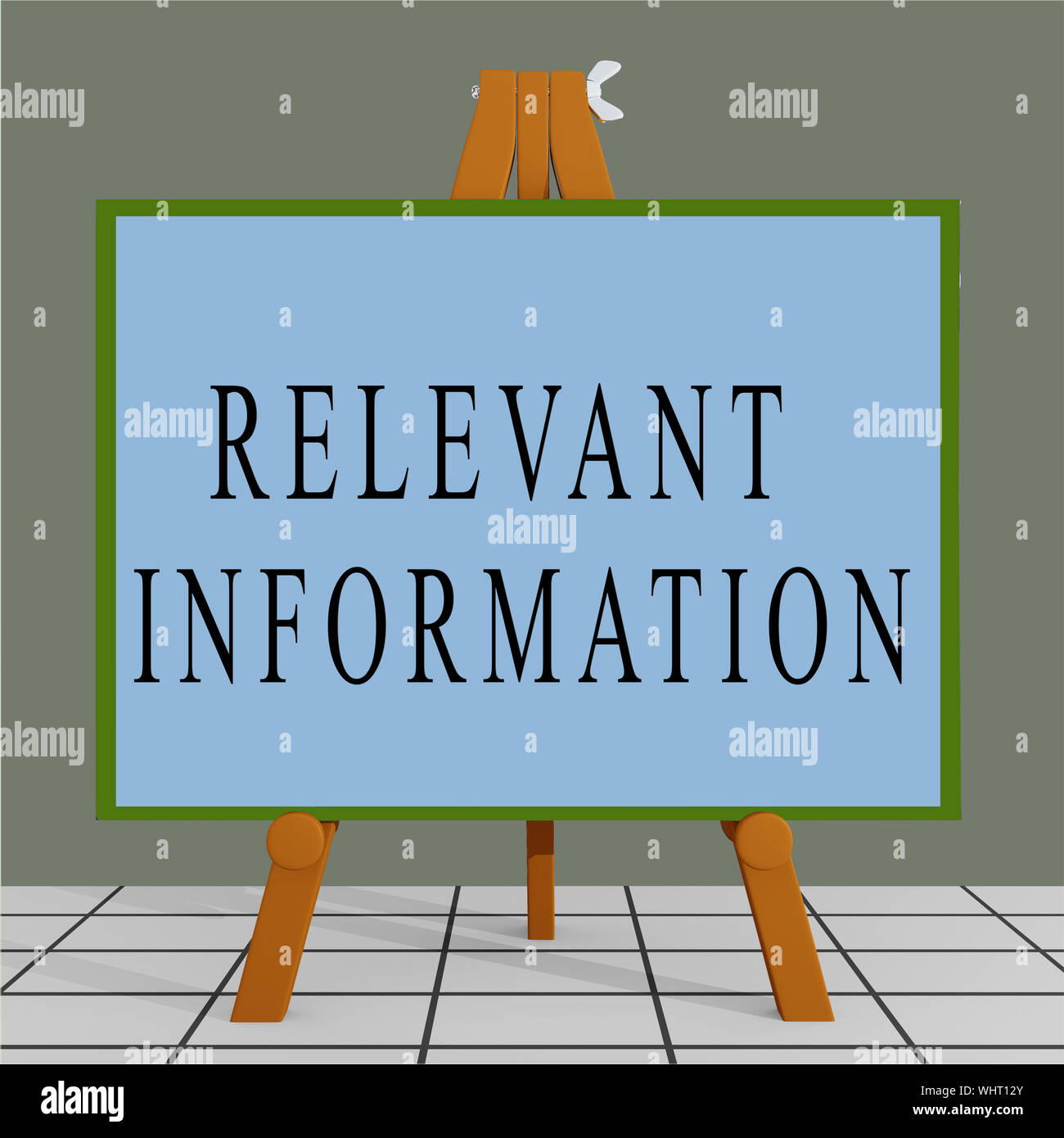 3D illustration of RELEVANT INFORMATION title on a tripod display board ...