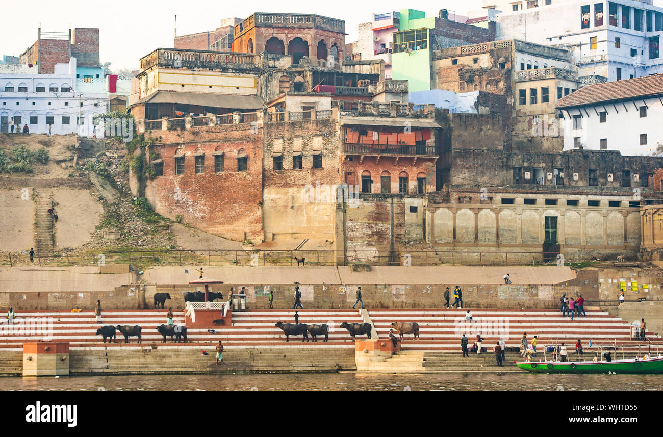 Stunning view of the Varanasi city with colored houses and buildings ...