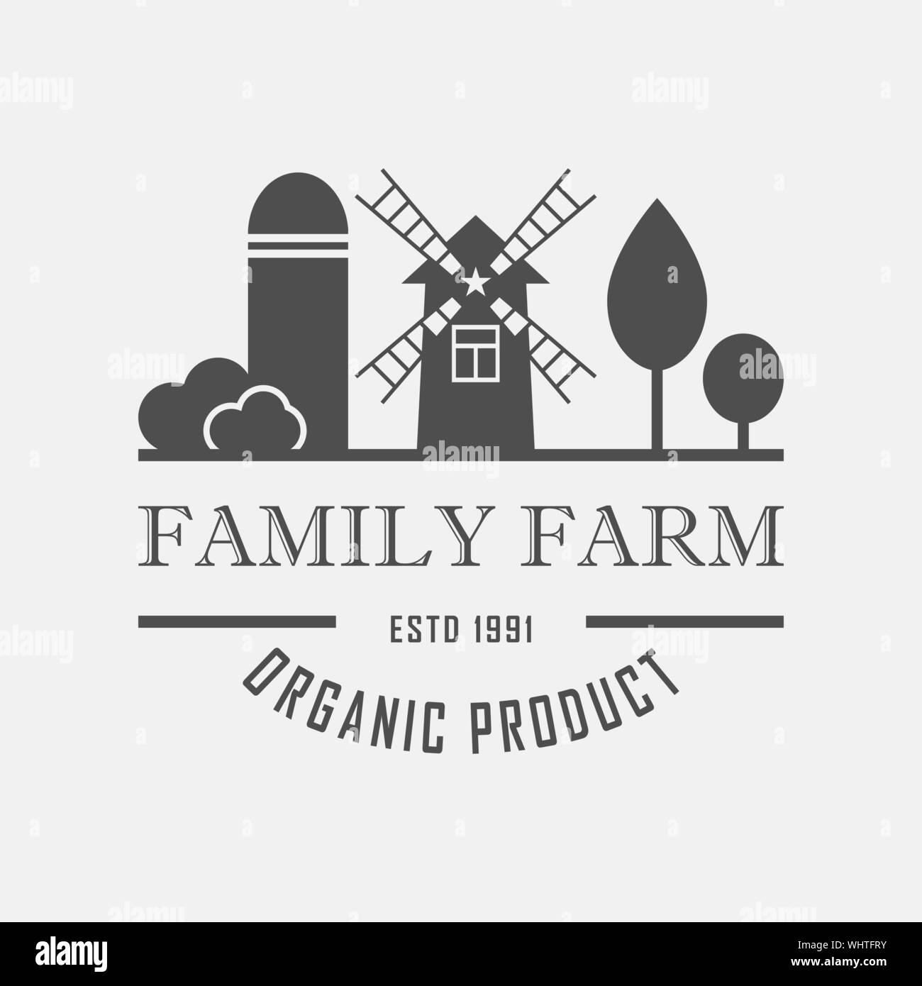 Family farm concept logo. Template with farm landscape. Label for ...