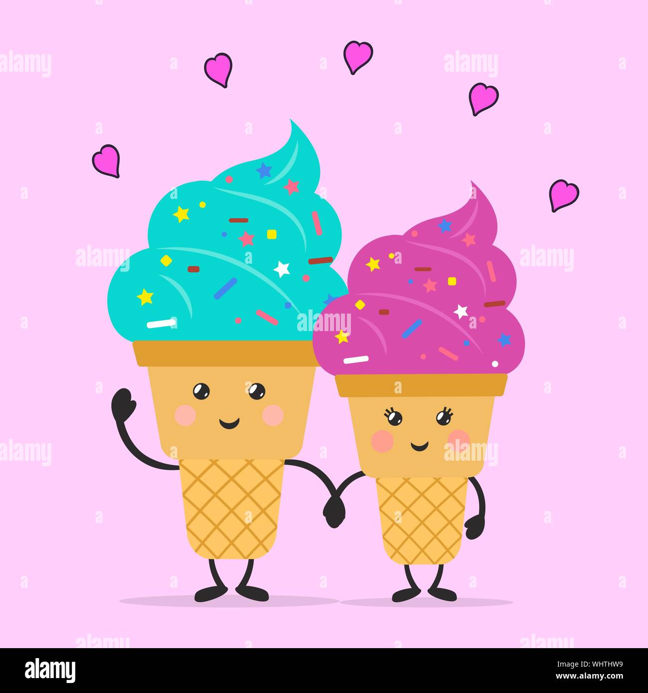 Ice cream in love. Ice cream time. Ice cream cartoon characters. Flat ...