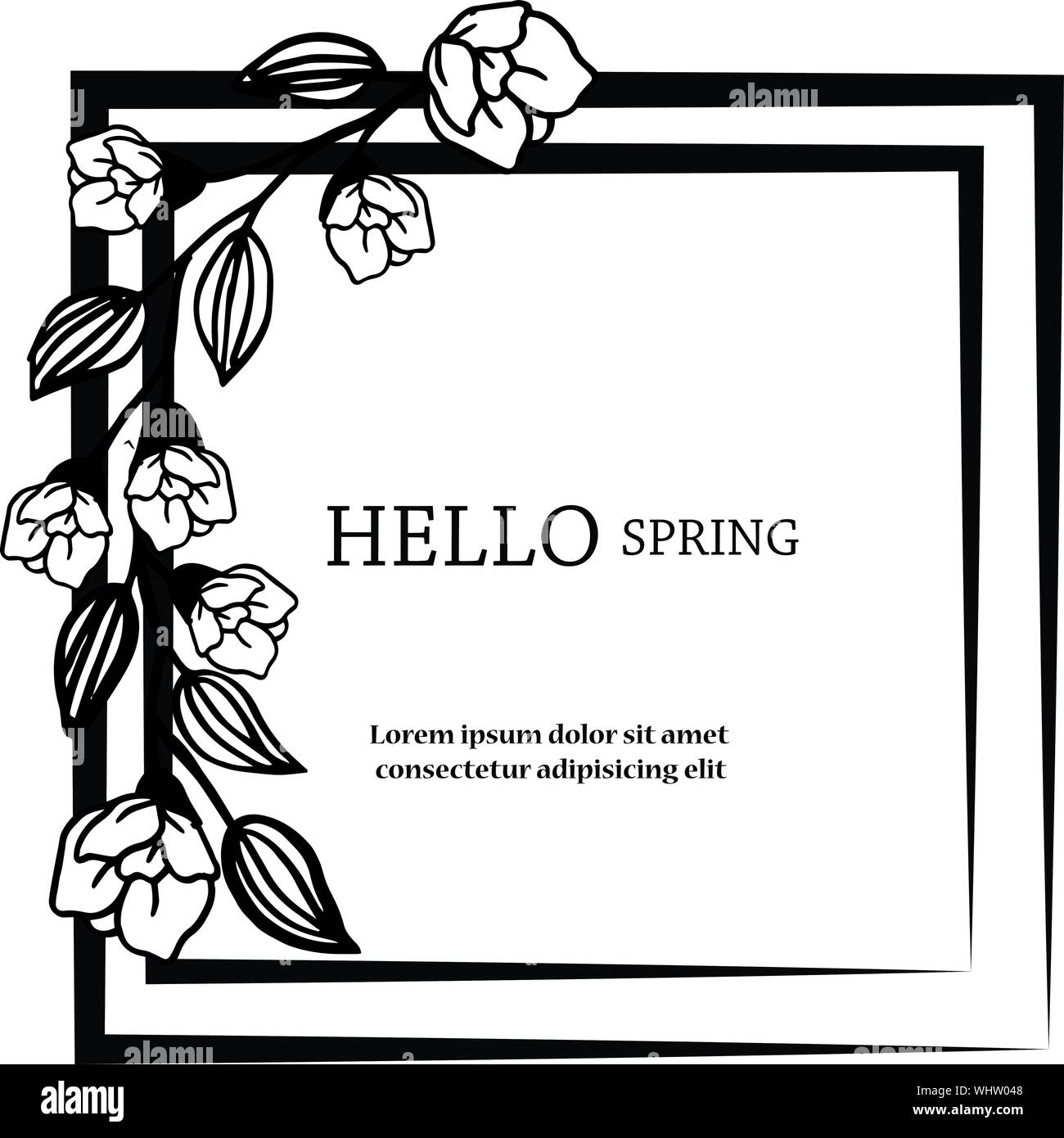 Cute text of hello spring, with leaves and floral frame background ...