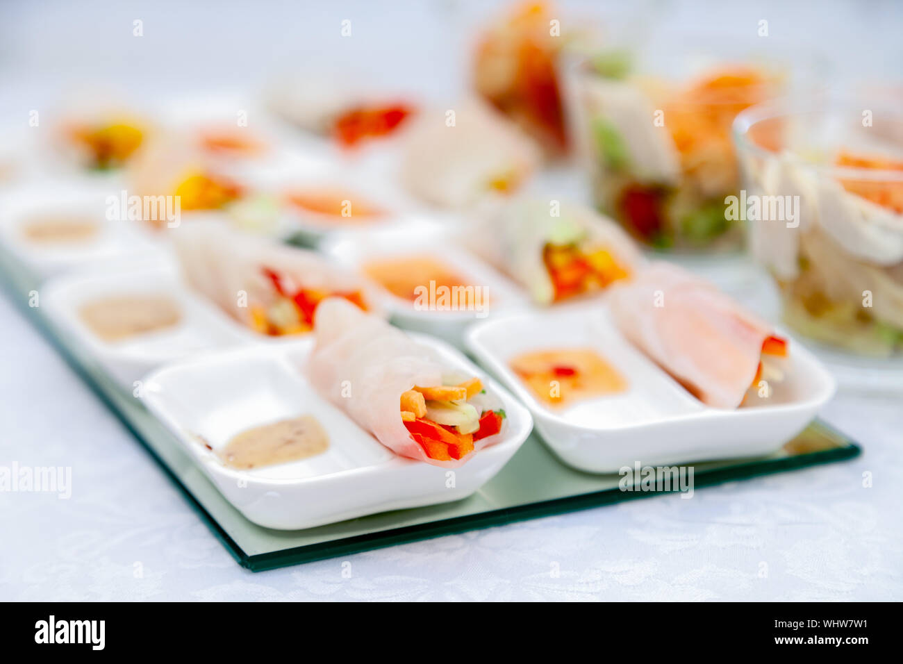 Closeup snacks at catering, banquet, buffet, finger food, shrimp ...