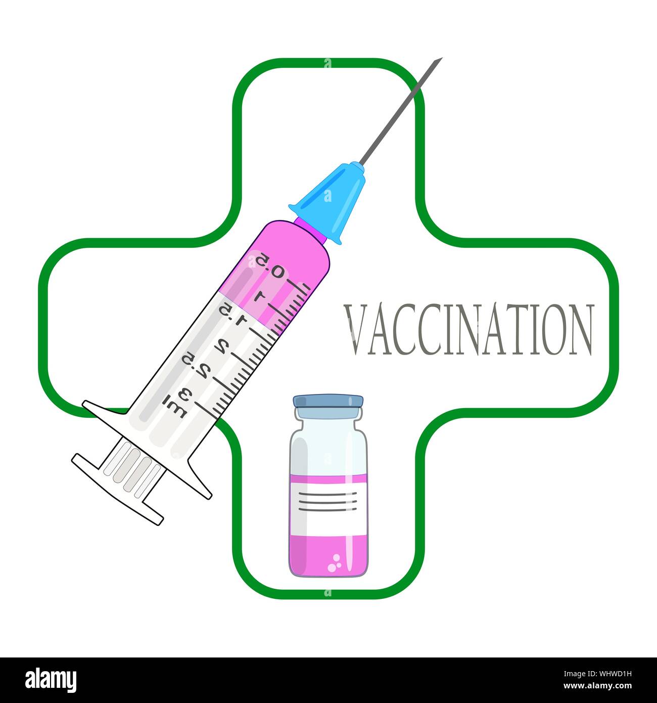Flat drawing of a medical syringe with a needle and a bottle of ...