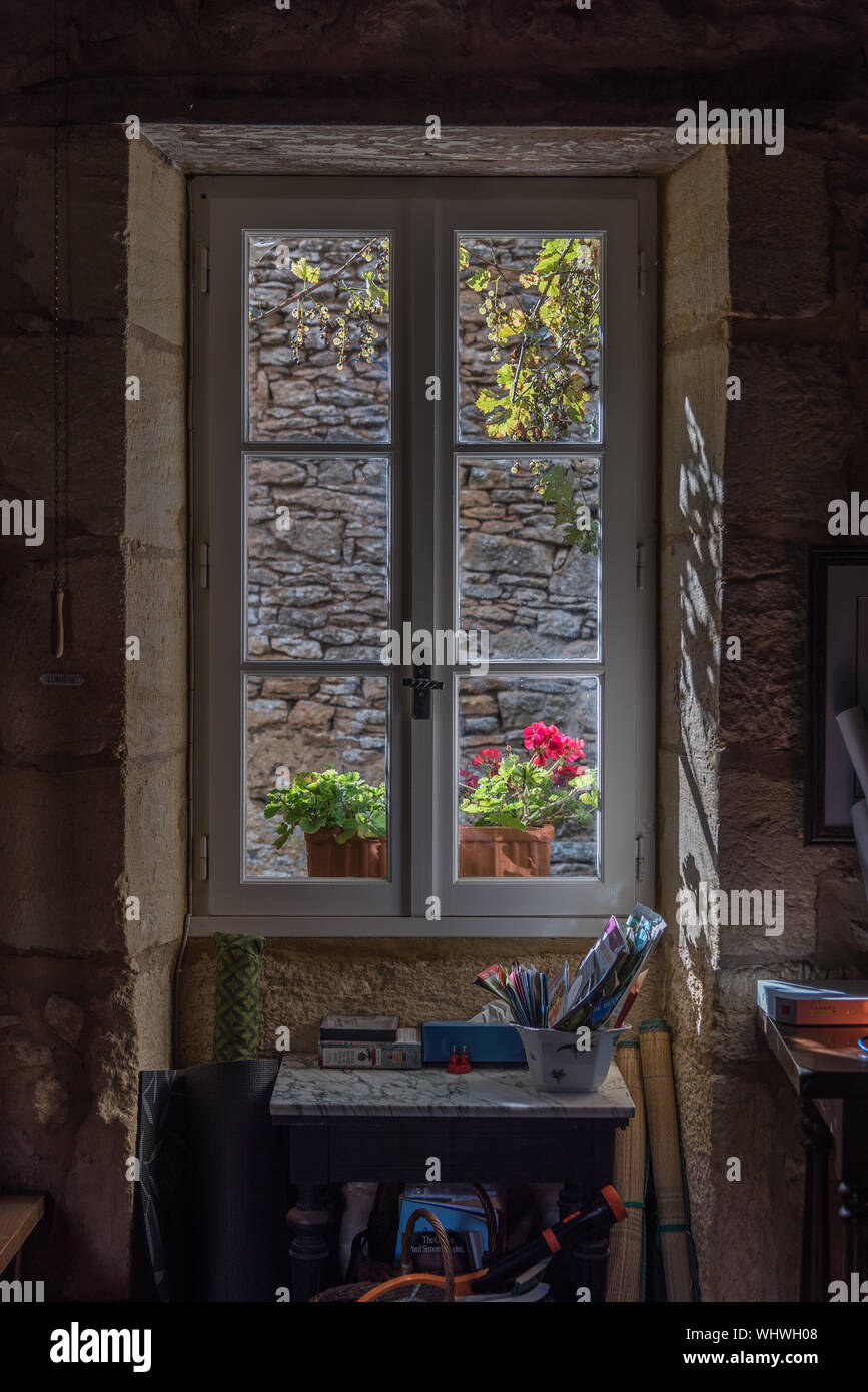 French cottage window flower box with geraniums Stock Photo - Alamy