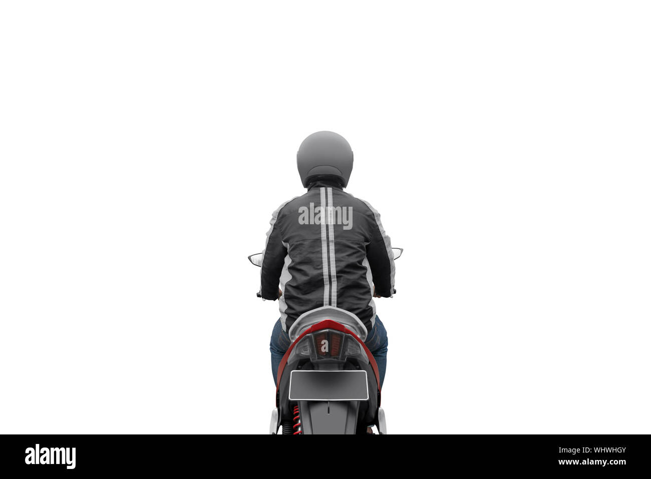 Rear view of Asian motorcycle taxi man driving isolated over white ...