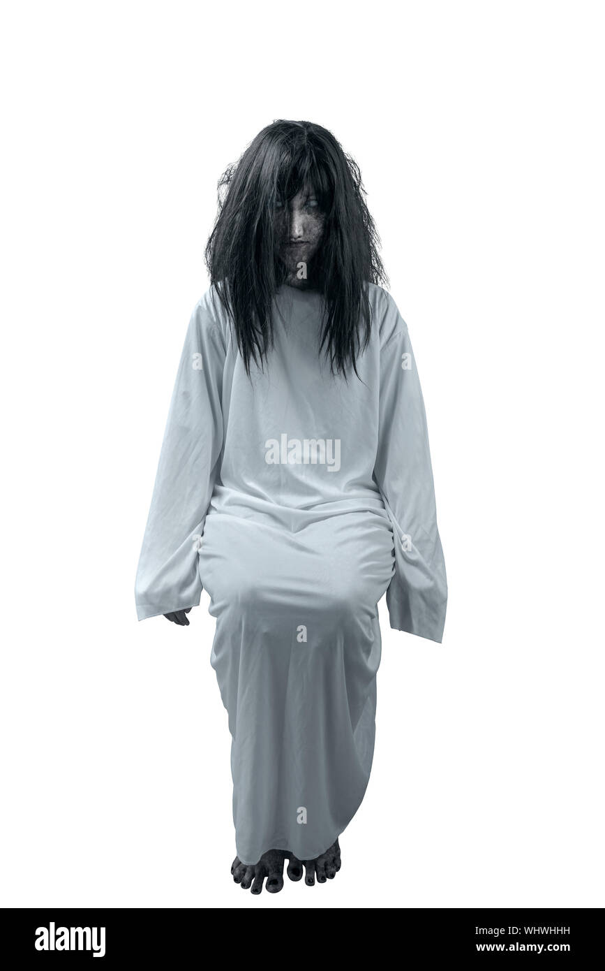 Scary ghost woman with blood and dirty face isolated over white ...