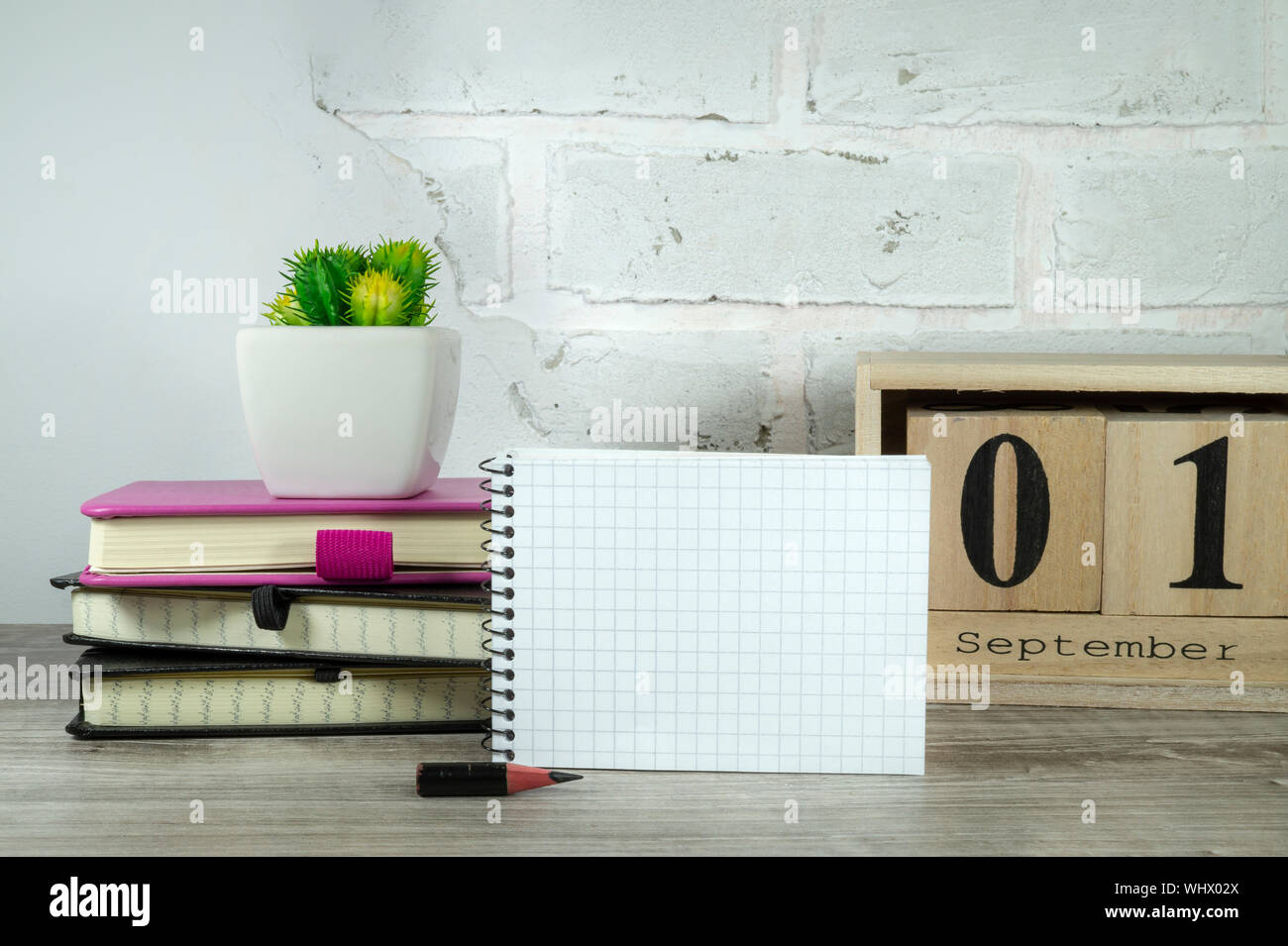 September still life with books, potted plant and rustic sign for the ...