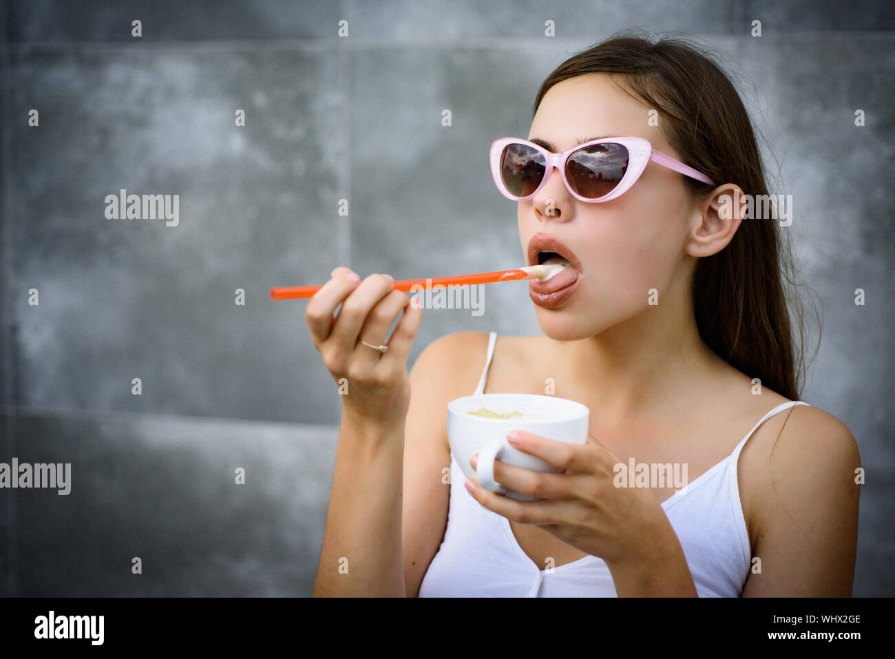 Taste The Freshness Fashionable Woman Enjoy Sipping Drink Through