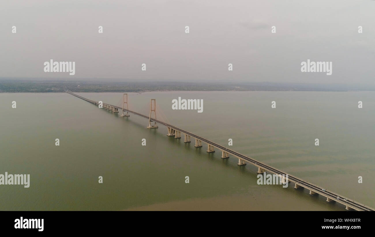 aerial view suspension cable bridge Suramadu over madura strait ...