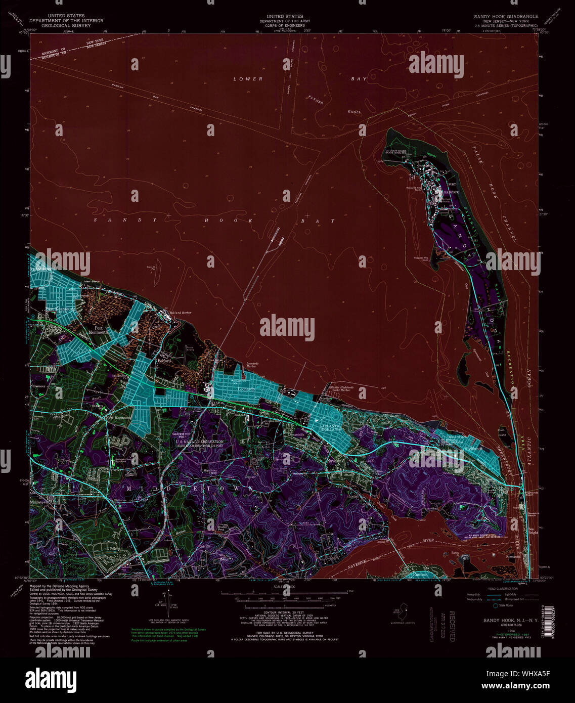 USGS TOPO Map New Jersey NJ Sandy Hook 254863 1954 24000 Inverted ...