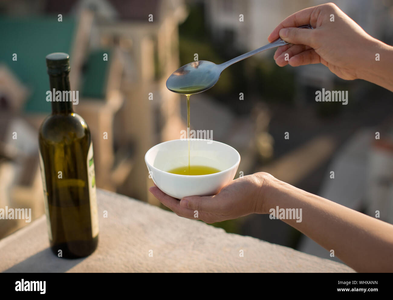 Healthy eating theme. European city background Stock Photo - Alamy