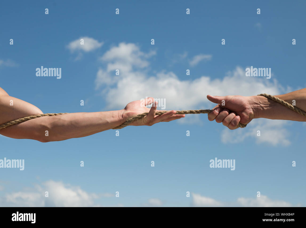 Under extreme tension. Athletic contest. Tug war is a sport. Male hands ...