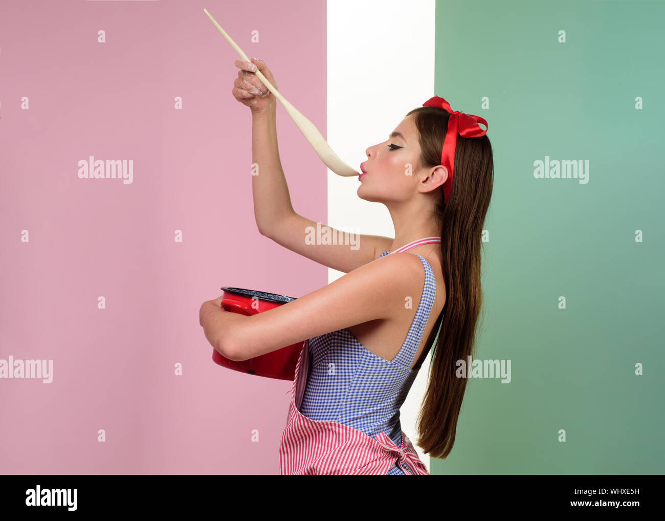 Perfect Housewife Pin Up Woman With Trendy Makeup Pretty Girl In