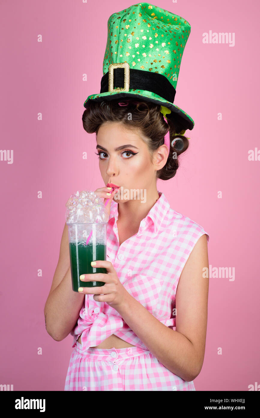 pin up woman with trendy makeup. retro woman drink summer cocktail ...