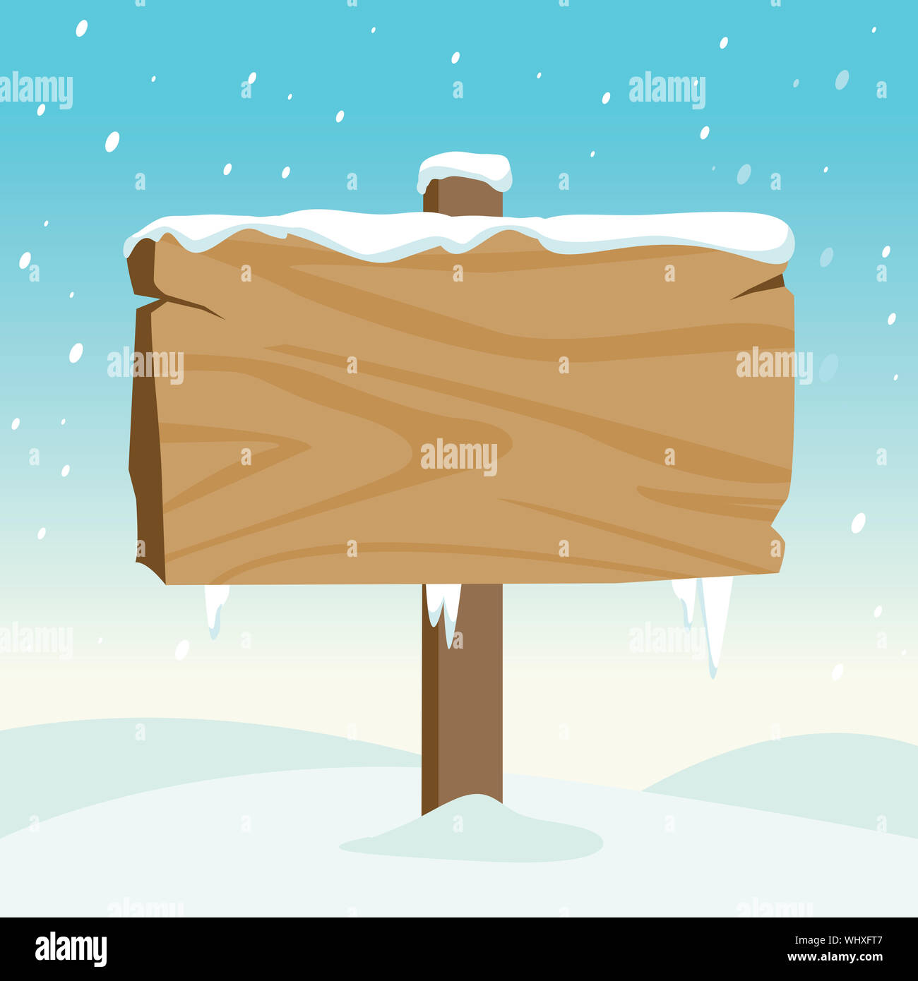 A blank wooden signpost in a winter landscape with snow. Blank wooden ...