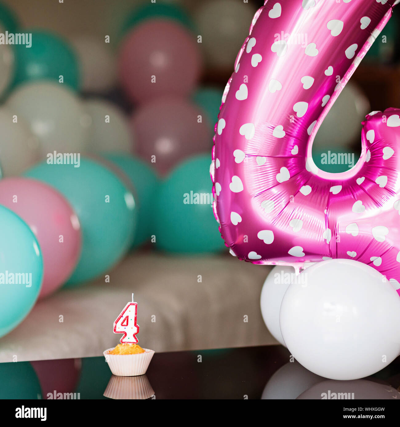 Birthday cake and colorful balloons on background , celebrate 4 years ...