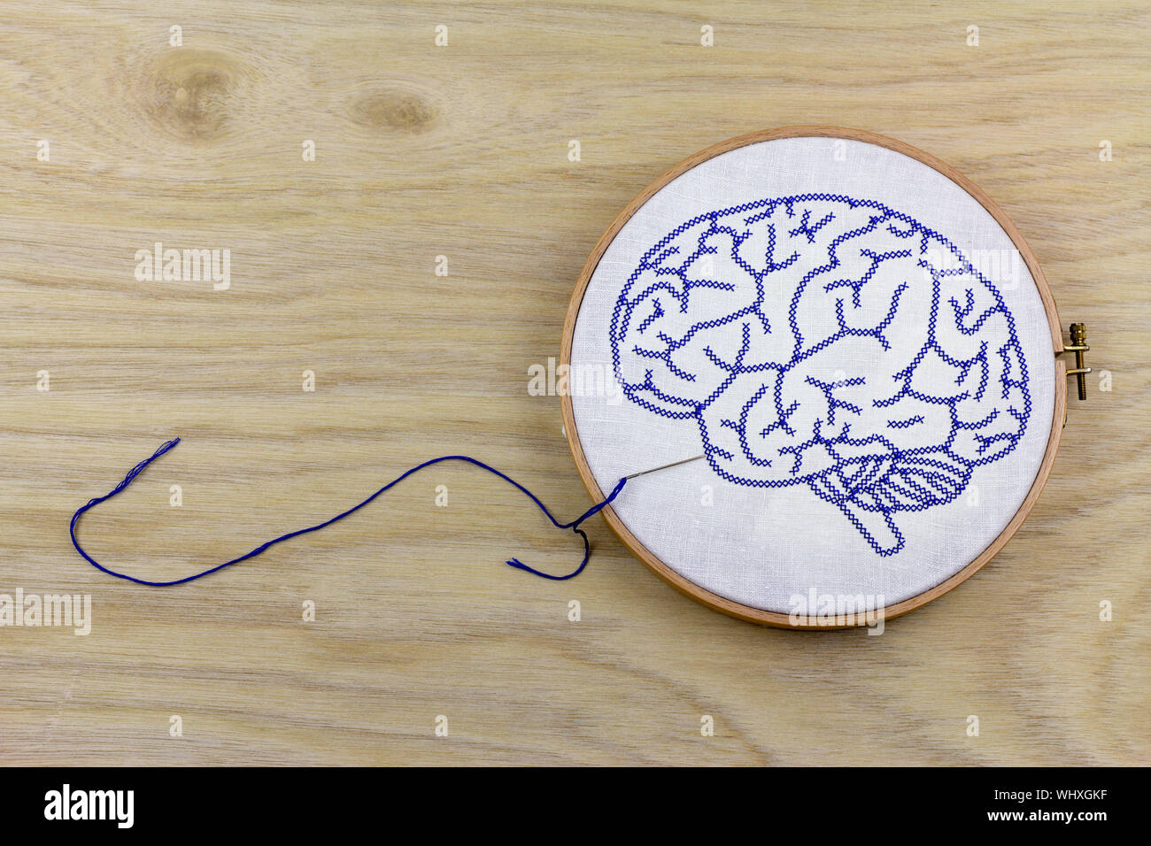 Top view of embroidery of a brain motif on linen fabric in embroidery ...