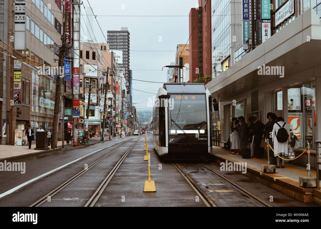 Sapporo, Japan - Jul 2, 2019. A famous public streetcar tram in Sapporo ...