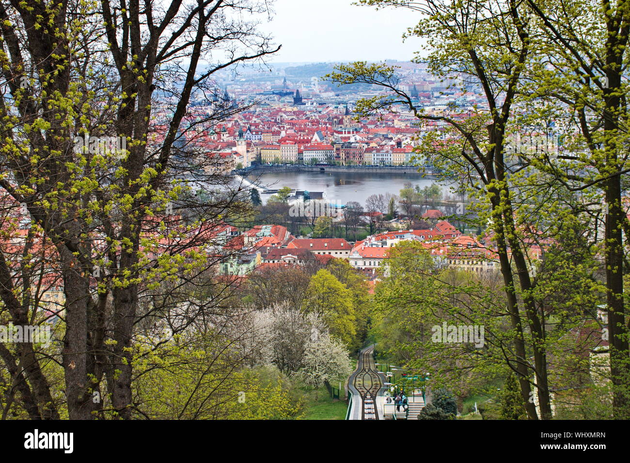 Cityscape of Prague with Vltava river through the trees of Vrtba ...