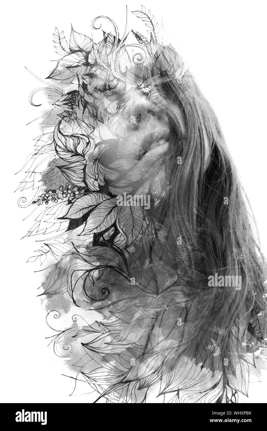 Double exposure. Paintography. Portrait of a beautiful young female ...