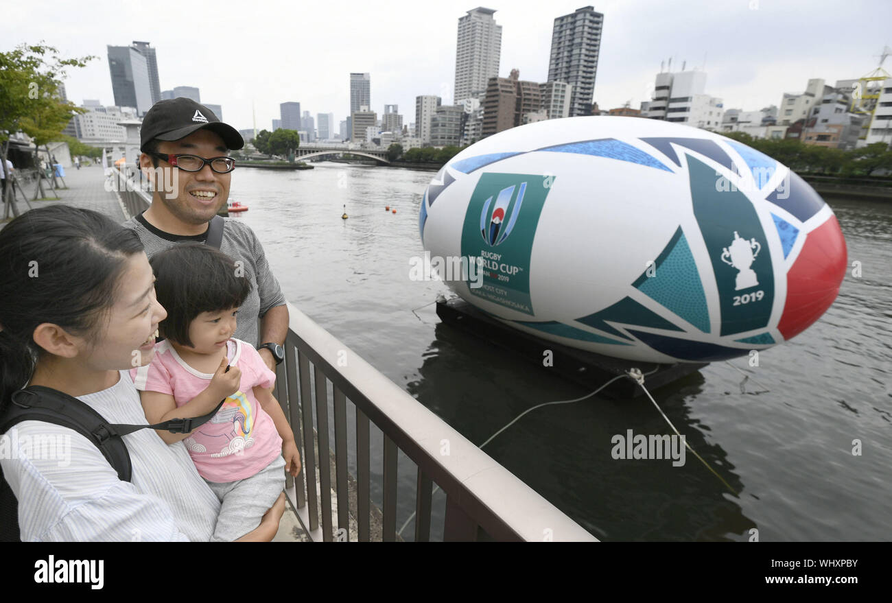 A balloon in the shape of a rugby ball floats on Sept. 1, 2019, on a ...