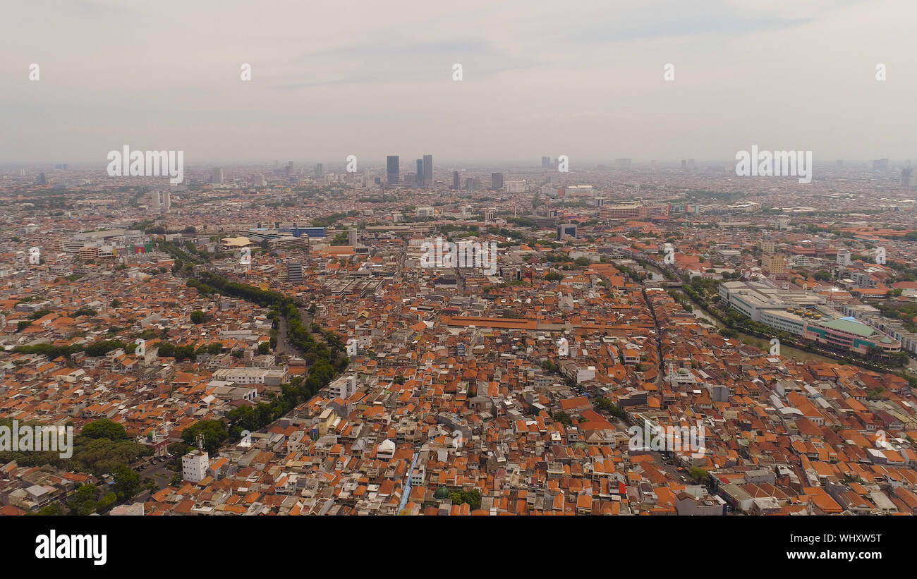 Aerial cityscape modern city Surabaya with skyscrapers, buildings and ...