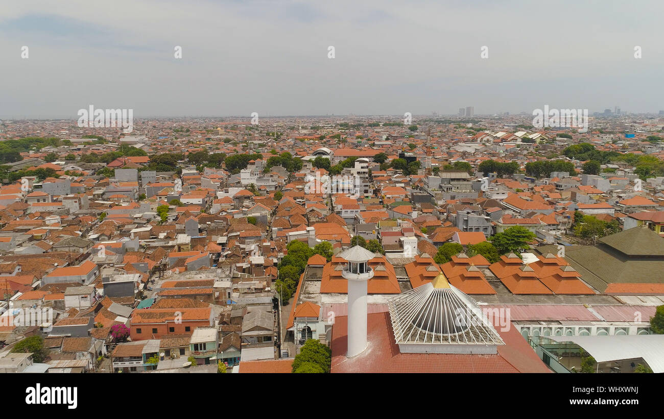 Aerial cityscape densely built asian city Surabaya with buildings and ...