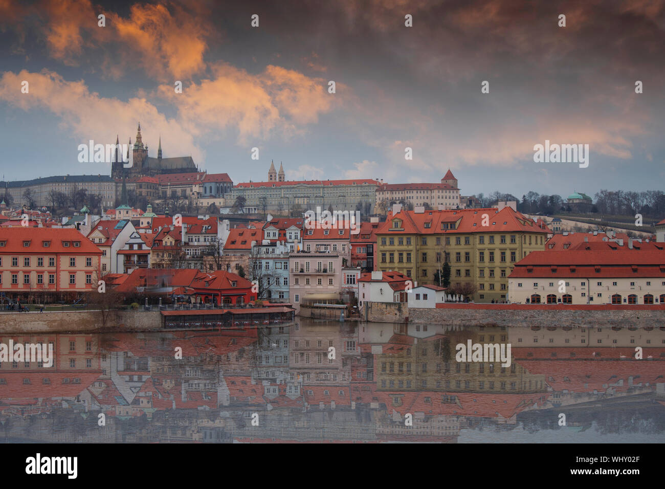Scenic summer panorama of the Old Town architecture with Vltava river ...