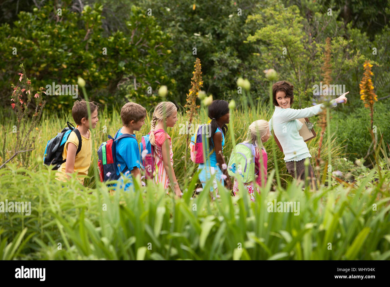 Young teacher with children on nature field trip Stock Photo - Alamy