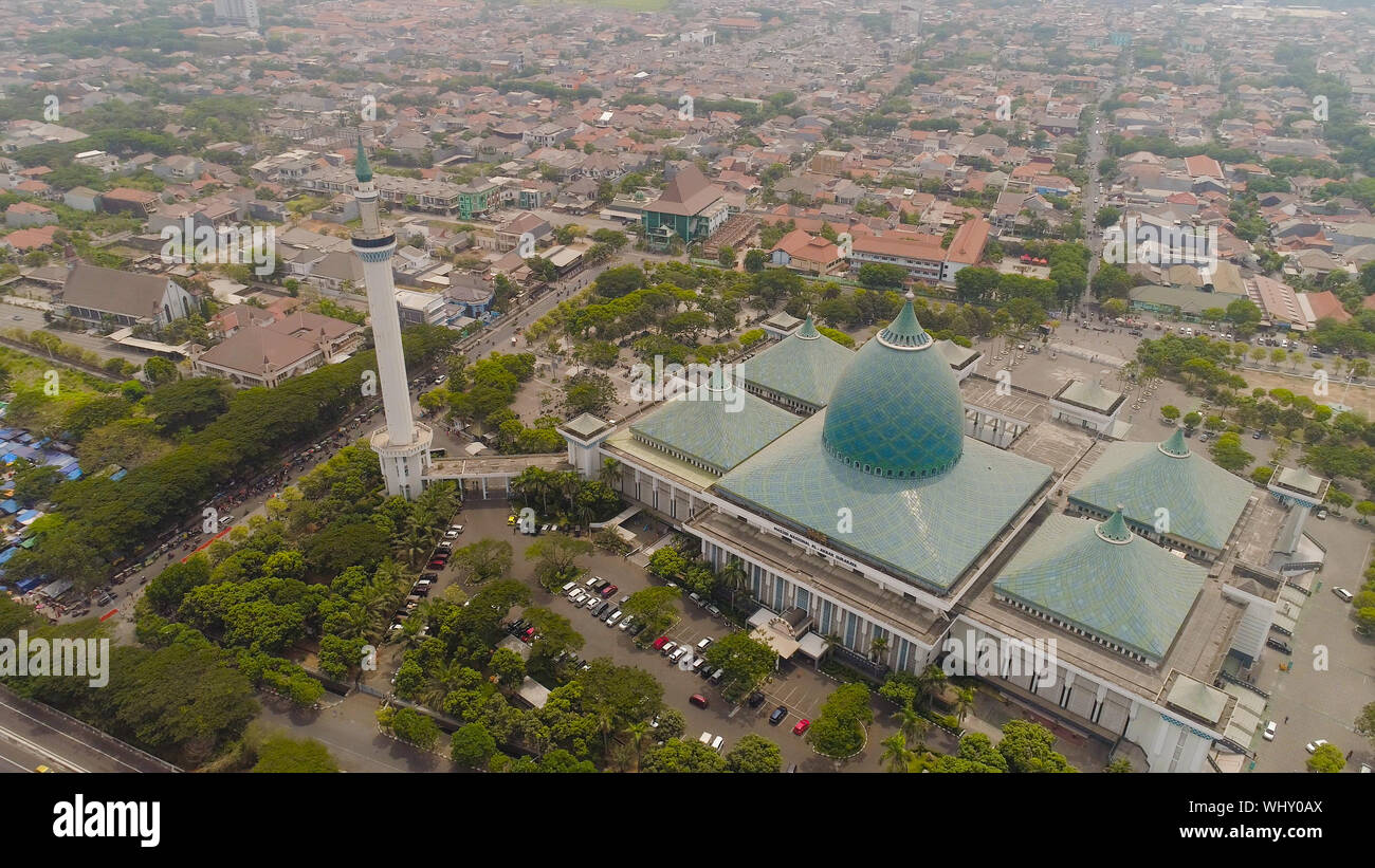 aerial view cityscape city Surabaya with mosque Al Akbar, highway ...