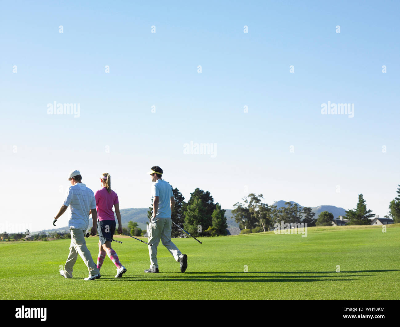 Rear view of three young golfers walking on golf course Stock Photo - Alamy