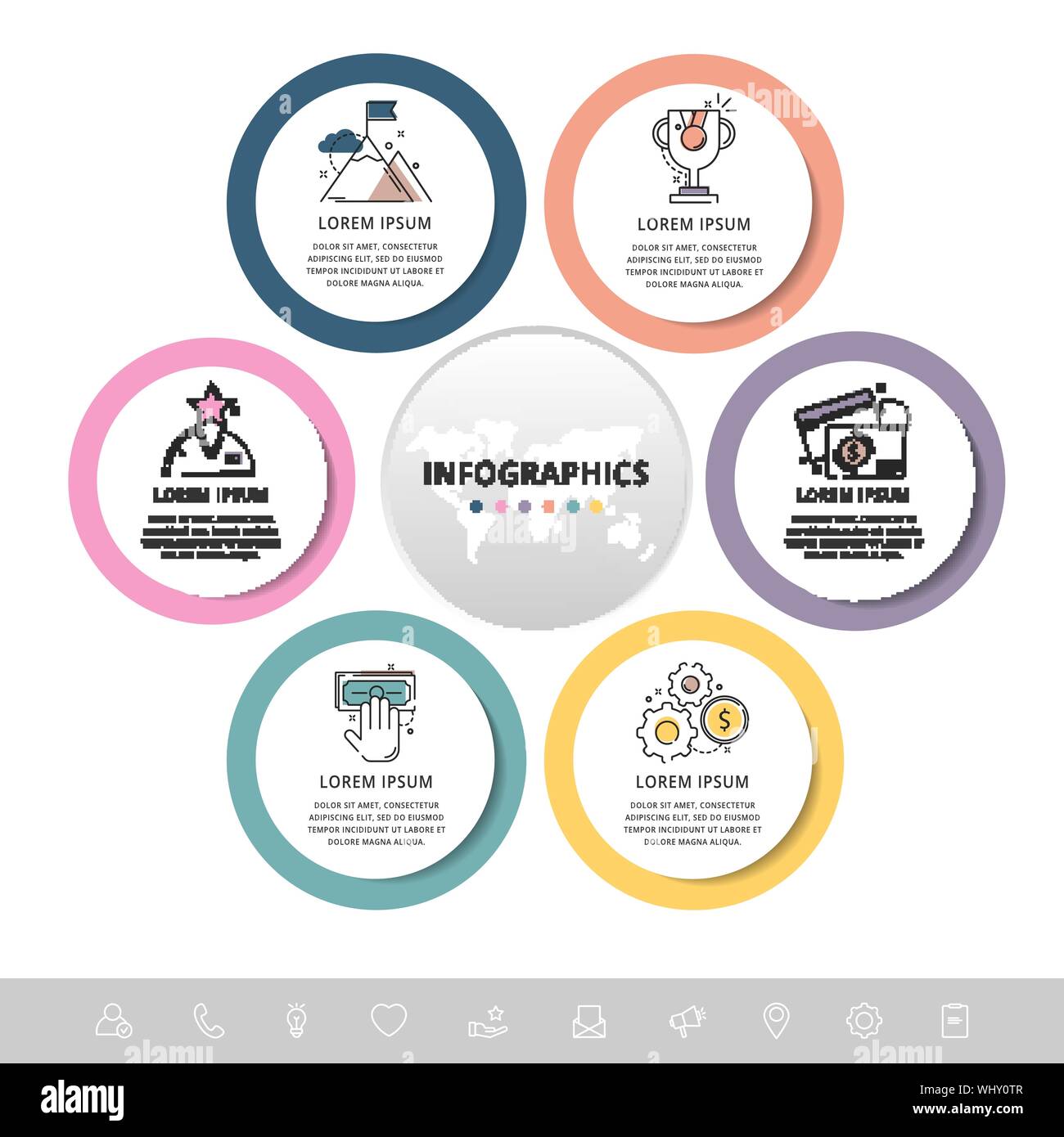 Vector infographic flat template circles for six paper label, diagram ...