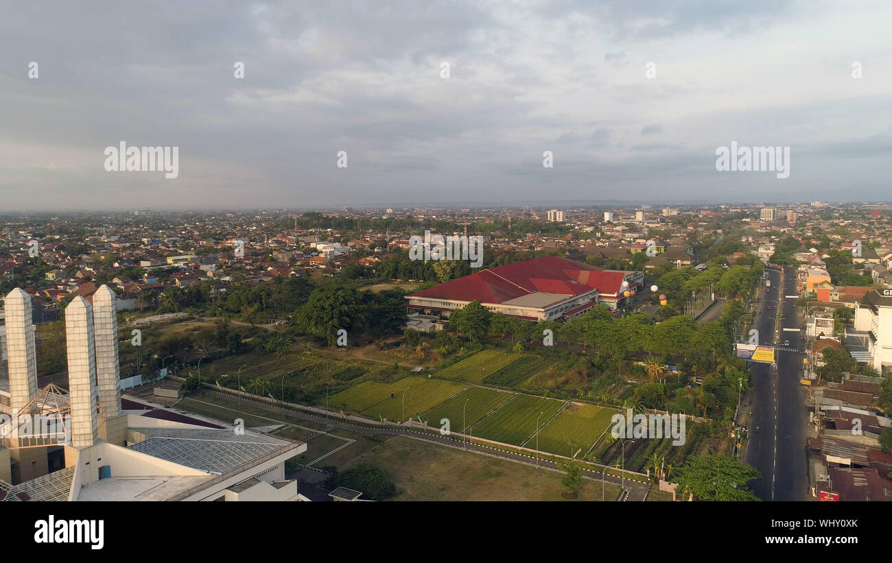 aerial view Yogyakarta with buildings and houses at sunset. urban ...