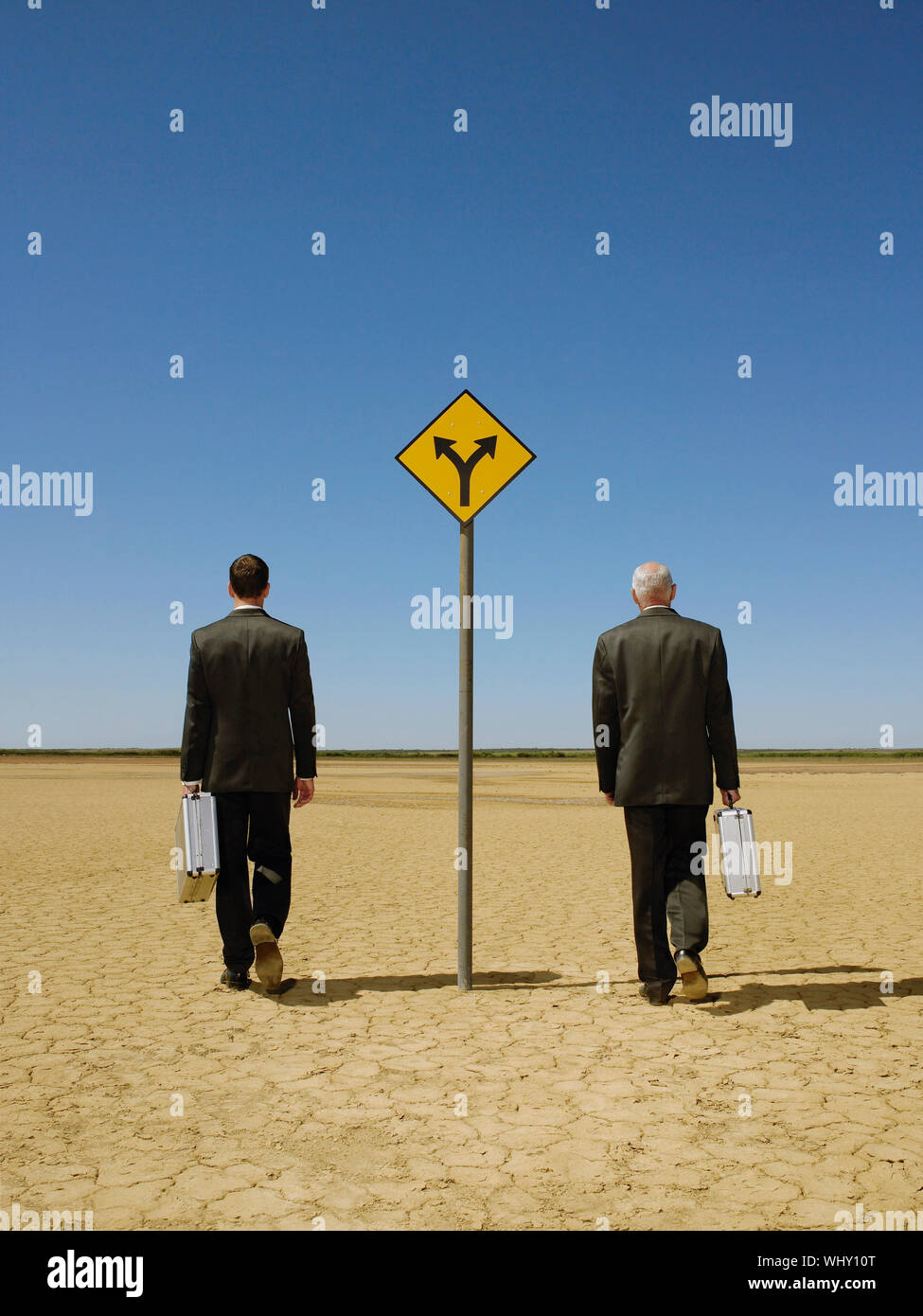 Full length rear view of businessmen with briefcases walking past road ...