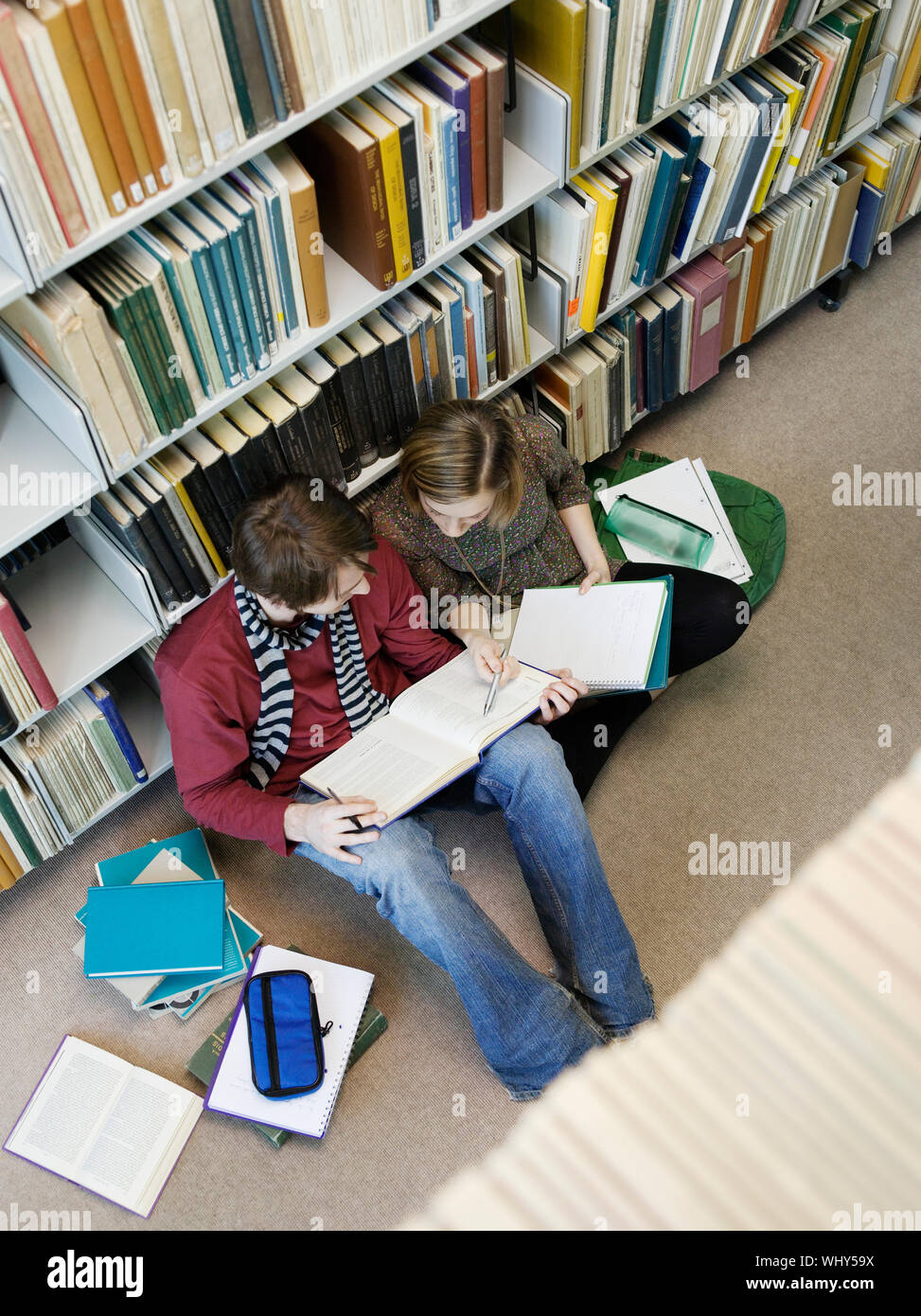 Elevated view of two students siting on floor and doing homework in ...
