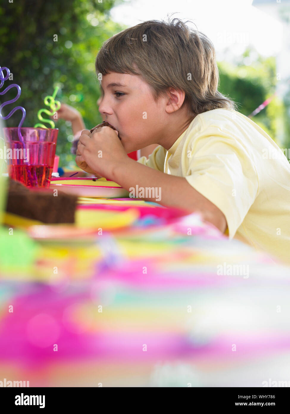 Side view of little young boy eating cupcake at the outdoor birthday ...