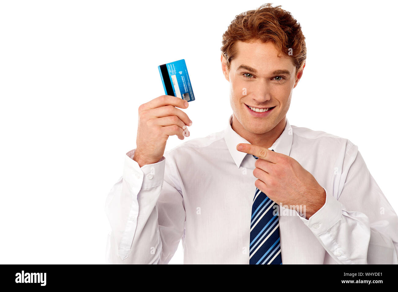 Young corporate guy displaying his debit card Stock Photo - Alamy