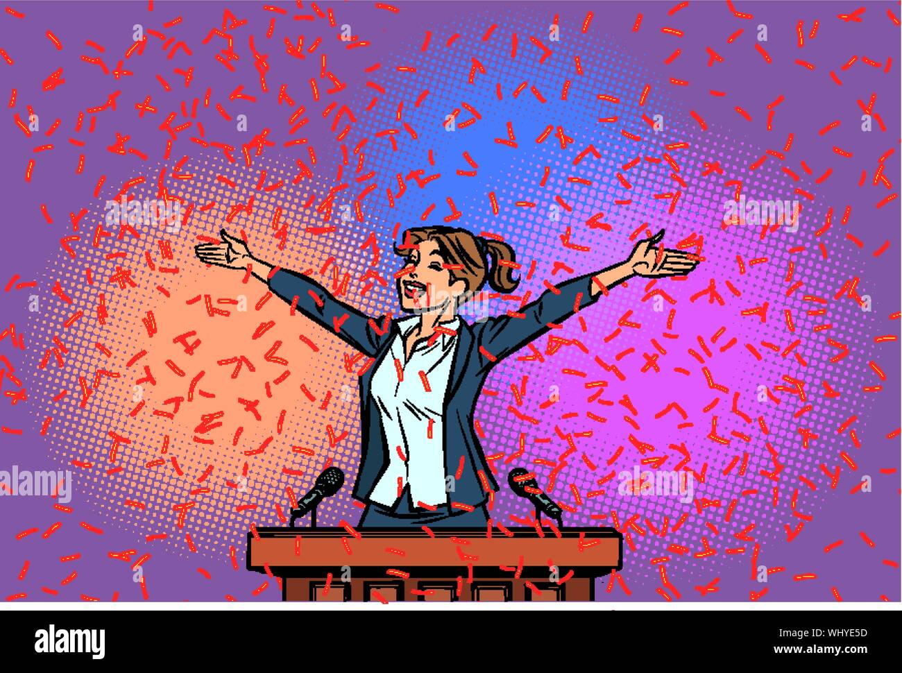 women winner politician triumph on the podium. Comic cartoon pop art ...
