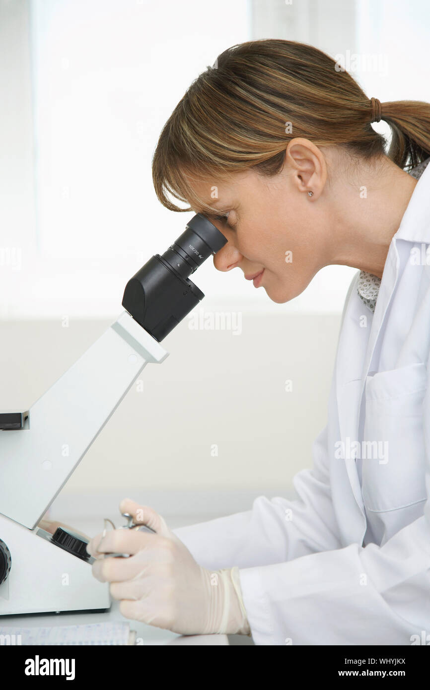 Side view of a female scientist looking in microscope in laboratory ...