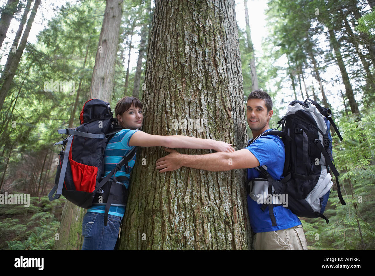 Side view portrait of a young couple hugging tree in forest Stock Photo ...