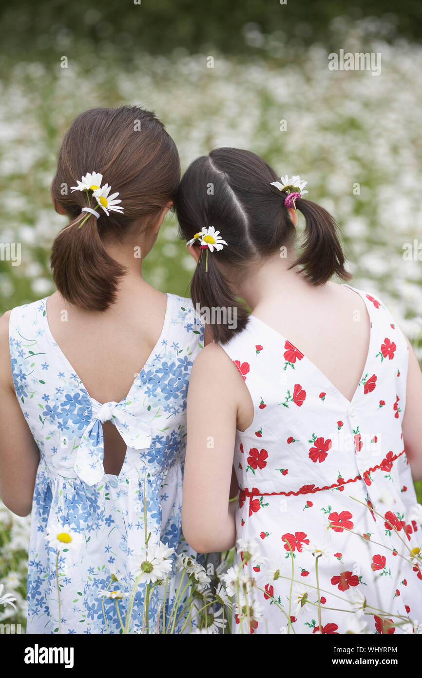 Rear view of two young girls standing in flower meadow Stock Photo - Alamy