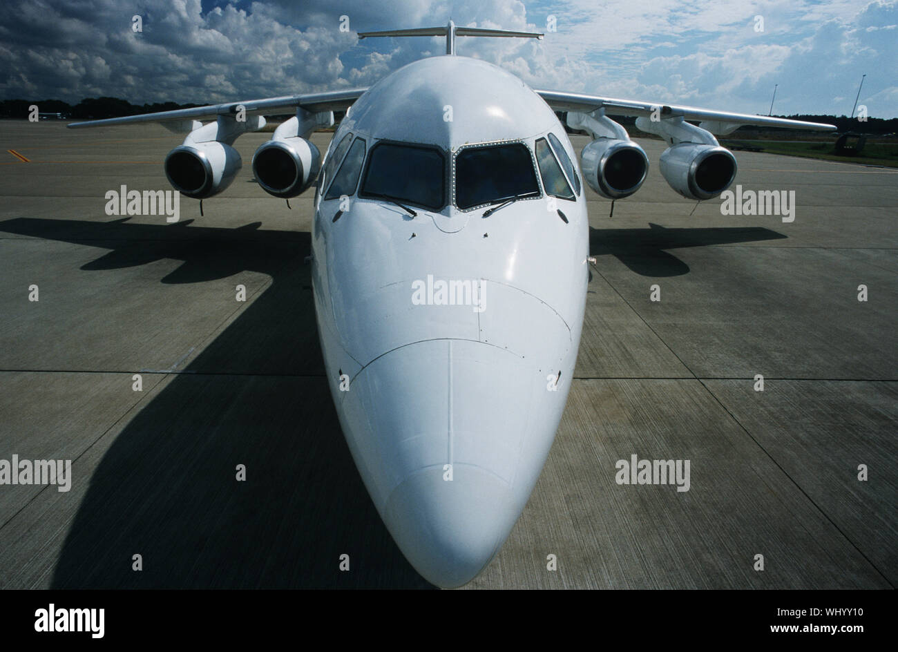 Elevated front wide angle view Bae-146 jet aircraft Stock Photo - Alamy