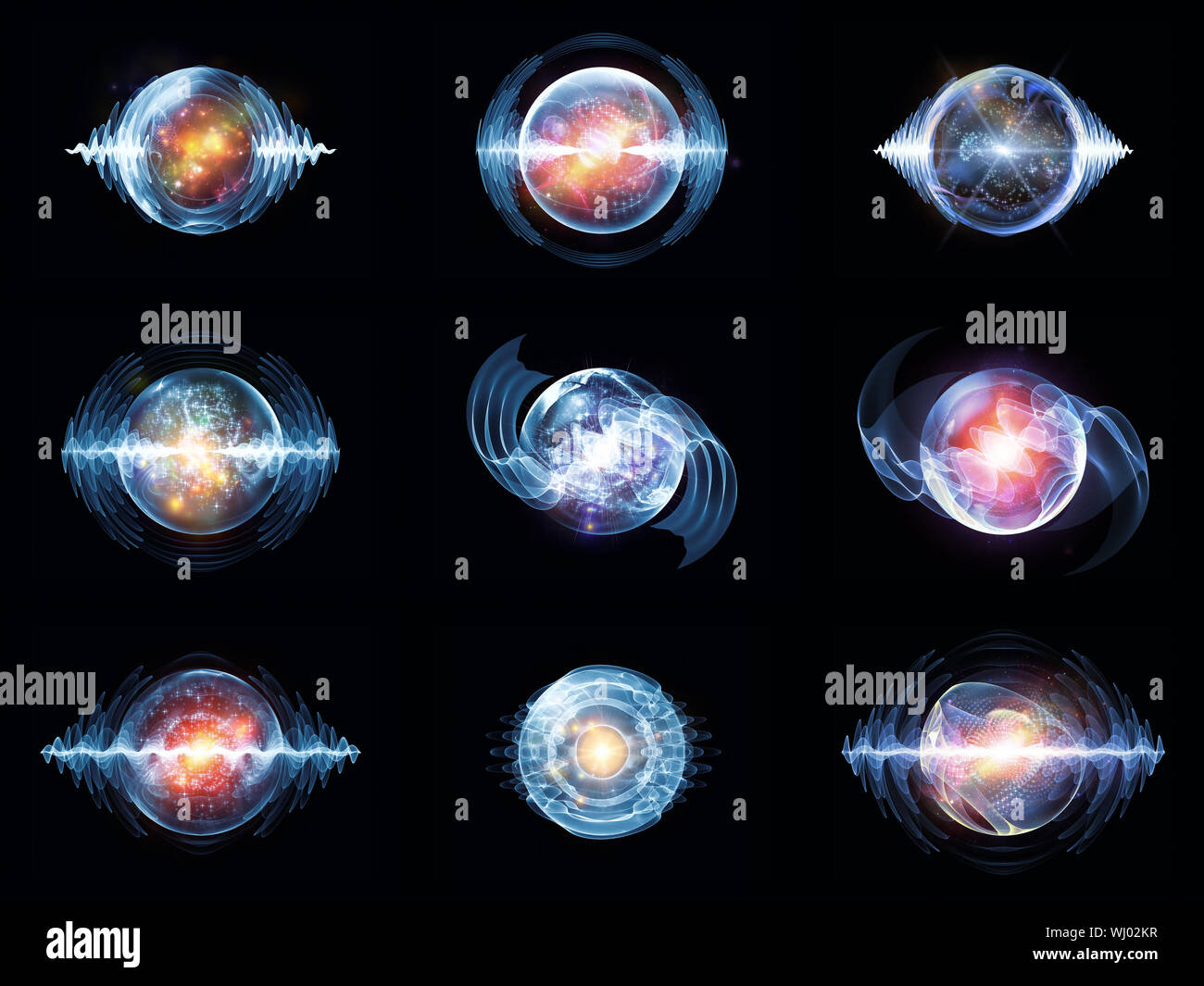 Wave Particle series. Arrangement of glowing orbs of wave energy on the ...